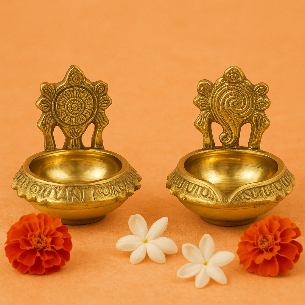 Brass Shanku Chakra Kuber Diya Set (Pital Conch Chakra Dhanpati Set ...