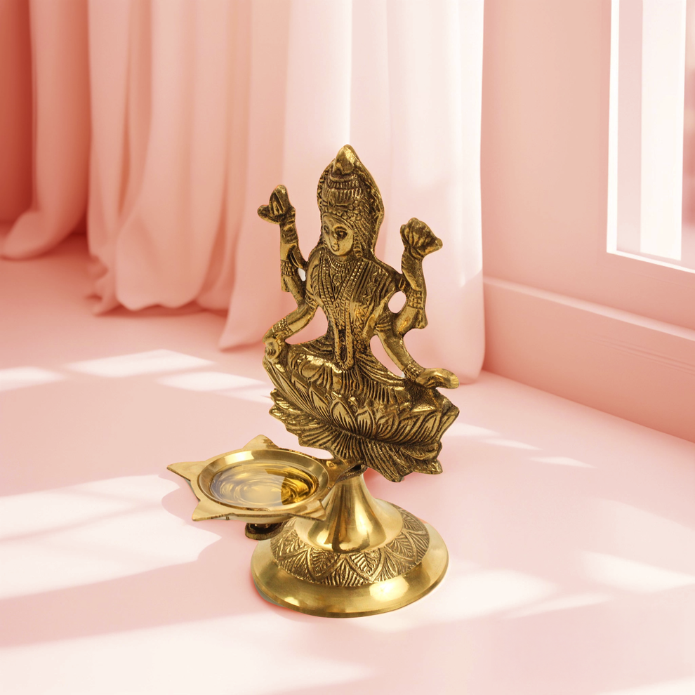 Brass Laxmi Statue Diya (Pital Lakshmi Murti Deepak) – Pujalane