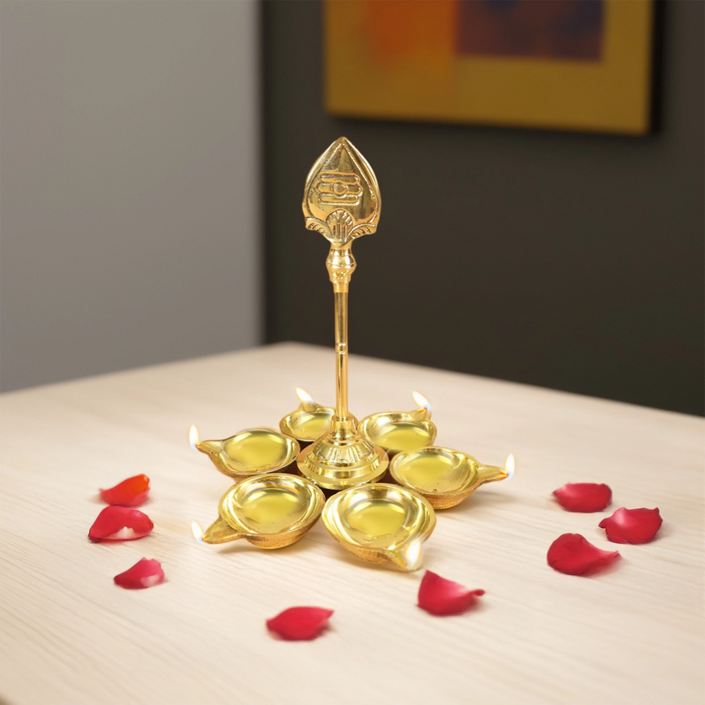 Brass Arumuga Diya with Vel[Small] – Pujalane